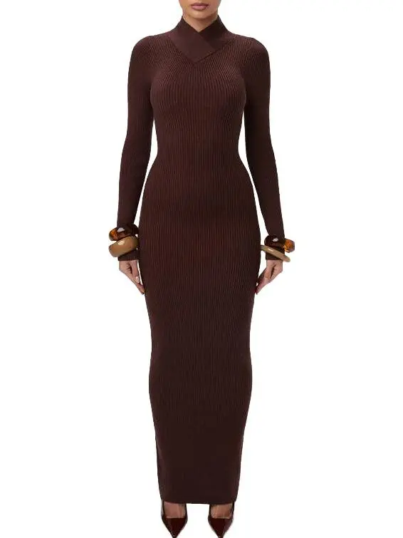Naked Wardrobe Ribbed Long Sleeve Sweater Dress - Dark Chocolate