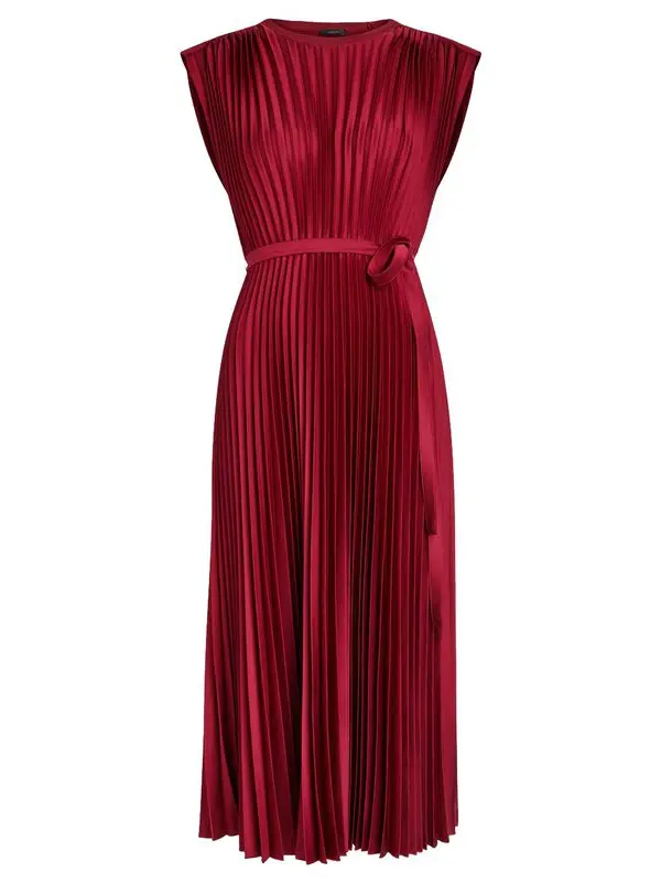 JOSEPH Volta Plissé Satin Midi Dress - Red