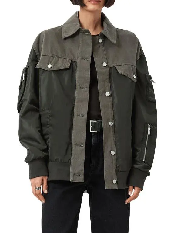 ALLSAINTS Verity Mixed Media Bomber Jacket - Khaki Green