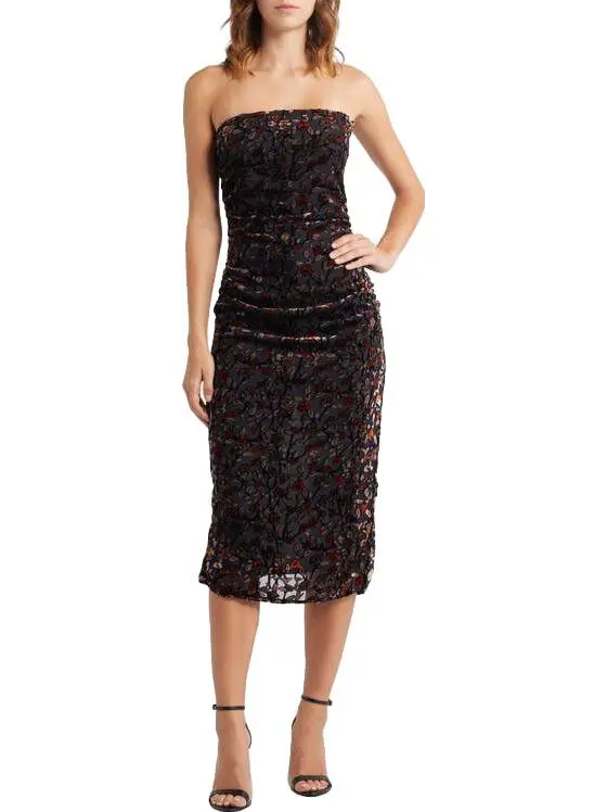 Lulus Pixie Metallic Floral Strapless Mesh Midi Dress - Tonal Floral