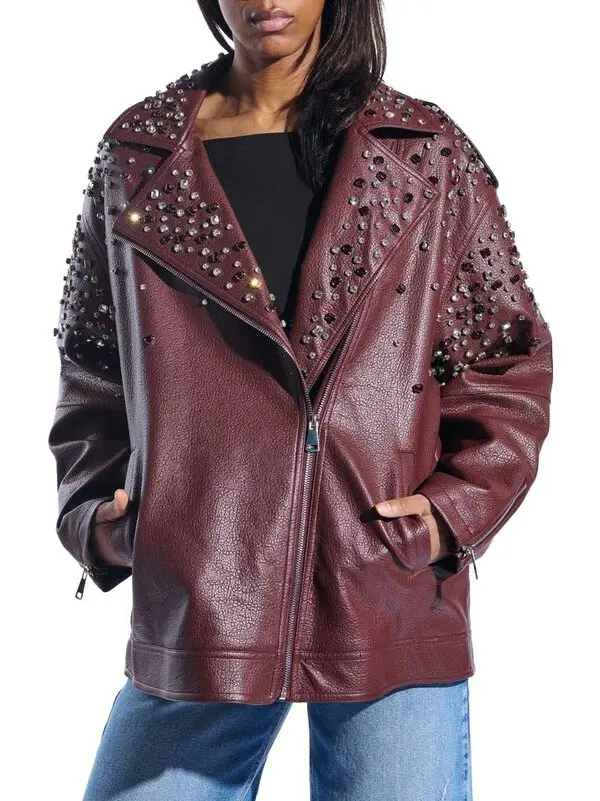 AZALEA WANG Crystal Studded Faux Leather Moto Jacket - Burgundy