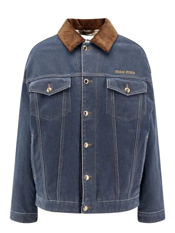 Miu Miu Denim Padded Jacket With Corduroy Collar - Blue