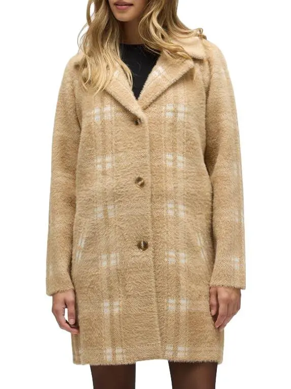 NVLT Eyelash Longline Sweater Coat - Camel Plaid