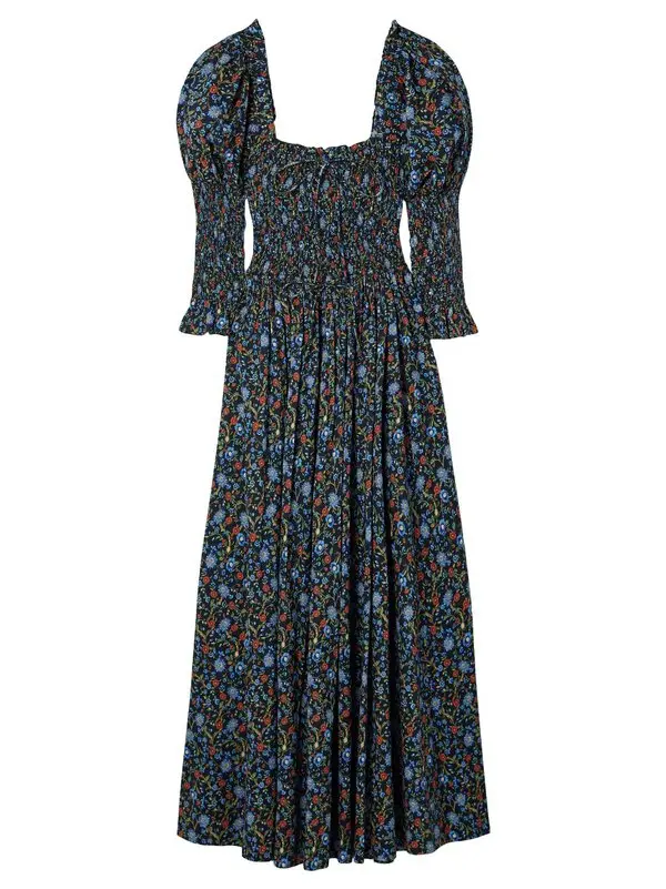 DÔEN Bijou Shirred Floral-print Organic Cotton-voile Midi Dress - Multi