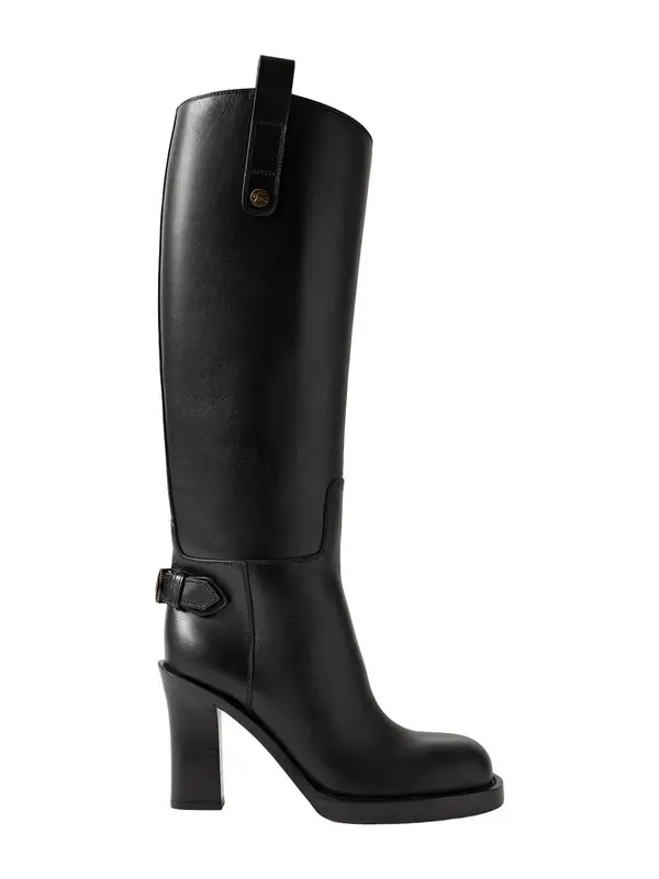 Burberry Buckled Leather Knee High Boots - Black