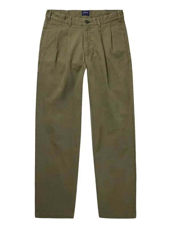 NOAH Straight-leg Pleated Herringbone Cotton Trousers - Green