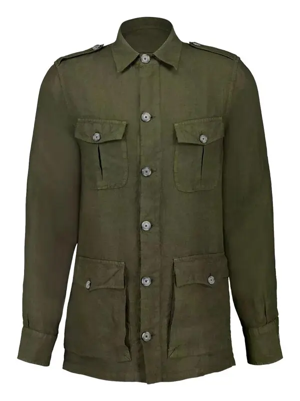 120% Lino Cargo-pockets Linen Shirt - Green