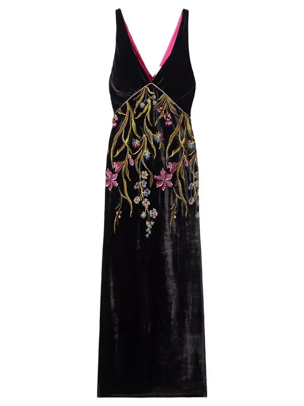 Loretta Caponi Zaffiro Embroidered Velvet Midi Dress - Black