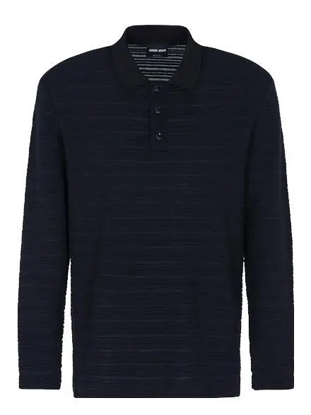 Giorgio Armani Long-sleeved Polo Shirt In Wool Jersey With A Motif - Black