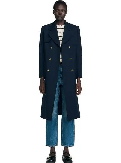 Sandro Long Double-breasted Coat - Blue / Navy
