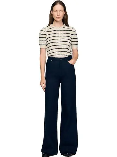 Sandro Striped Cable Knit Sweater With Pearl Embellishments - Blue / Navy