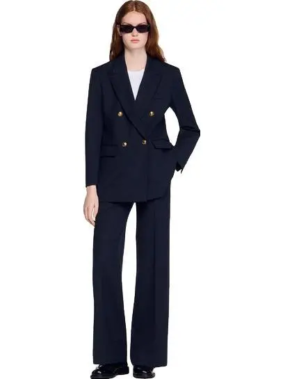 Sandro Tailored Pinstriped Double-breasted Suit Jacket - Blue / Navy