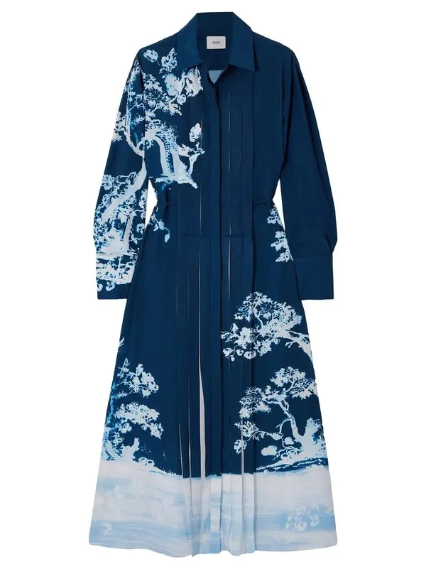 Erdem Printed Crepe De Chine Midi Shirt Dress - Blue