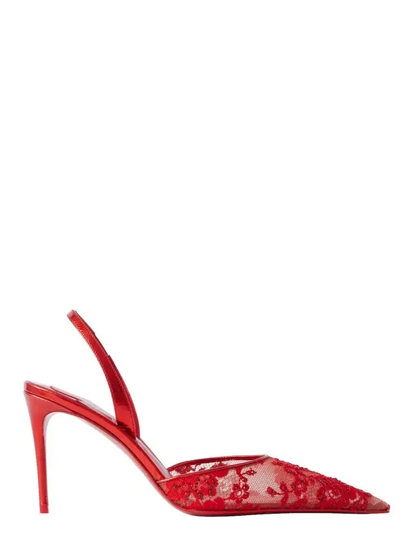 CHRISTIAN LOUBOUTIN Kate Max Metallic Leather-trimmed Crystal-embellished Lace Slingback Sandals - Red