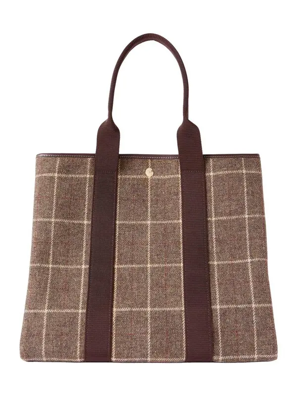 Rue De Verneuil Traversée Hunter Large Webbing And Leather-trimmed Checked Tweed Tote - Brown