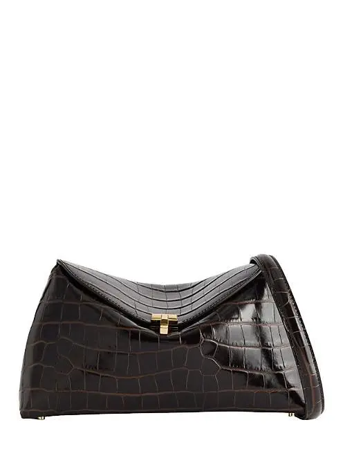 TOTEME T-lock Croco Leather Clutch - Dark Brown