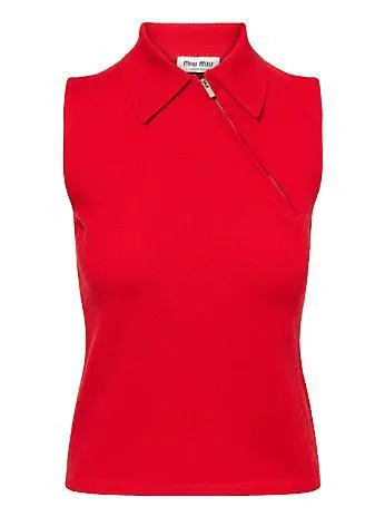 Miu Miu Sleeveless Cashmere Polo Top - Rosso