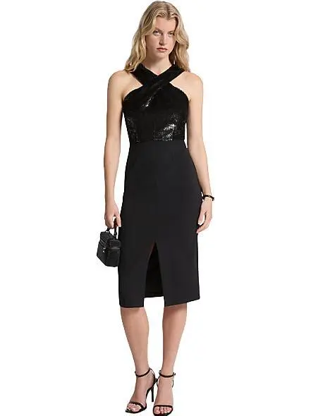 Michael Kors Sequined And Crepe Halter Midi Dress - Black