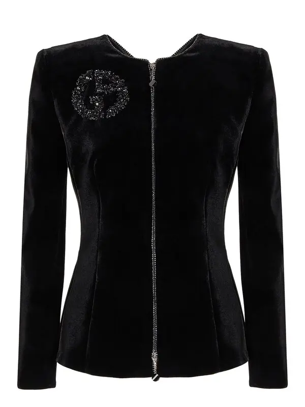 Giorgio Armani Velvet Zip-up Jacket With Bow Detail And Embroidery - Black