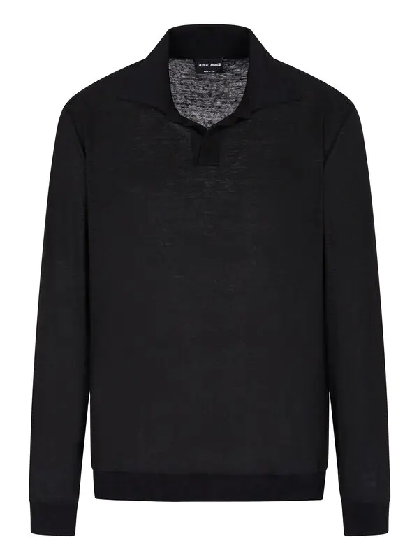 Giorgio Armani Long-sleeved Polo Shirt In Linen Jersey - Black