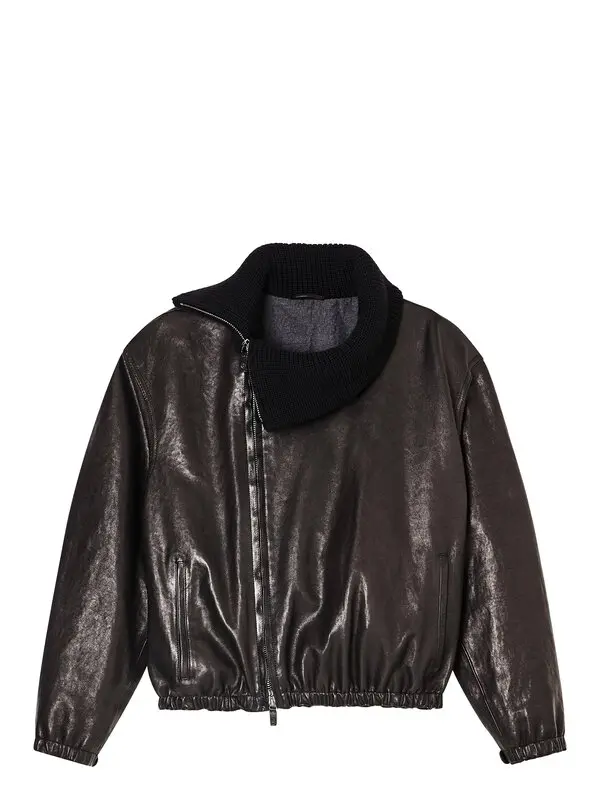 Giorgio Armani Nappa Leather Bomber Jacket With Wool Collar - Black