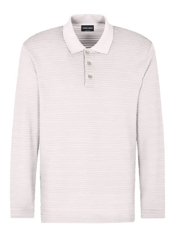 Giorgio Armani Long-sleeved Polo Shirt In Wool Jersey With A Stripe Motif - Beige