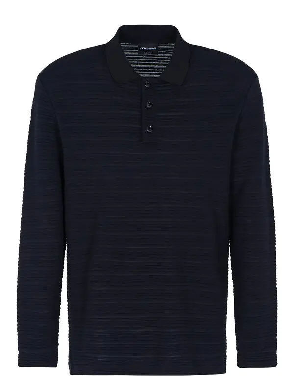 Giorgio Armani Long-sleeved Polo Shirt In Wool Jersey With A Stripe Motif - Black