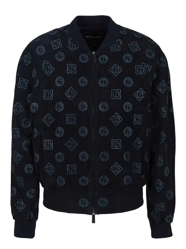Giorgio Armani Suede Blouson With Rhinestone Monogram - Navy_blue