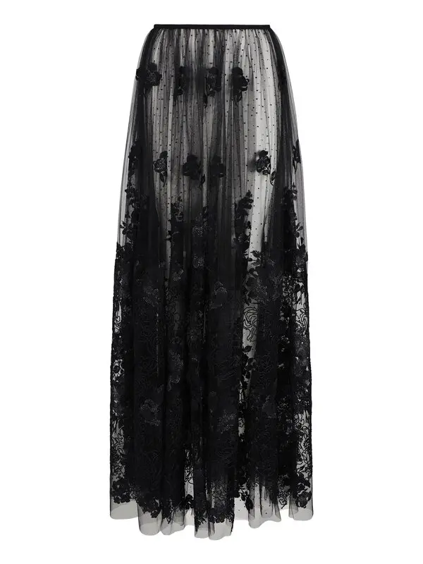 Giorgio Armani Long Skirt In Tulle And Embroidered Lace - Black