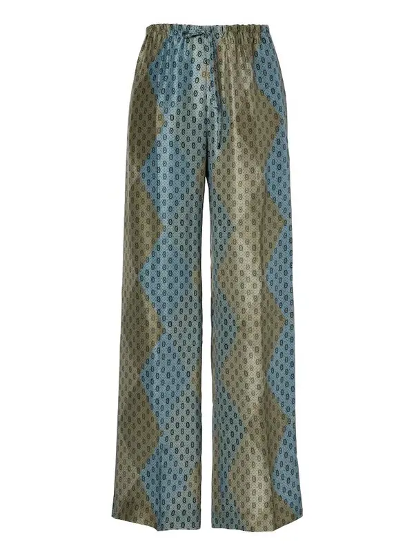 Dries Van Noten Printed Silk Satin Straight Pants - Blue