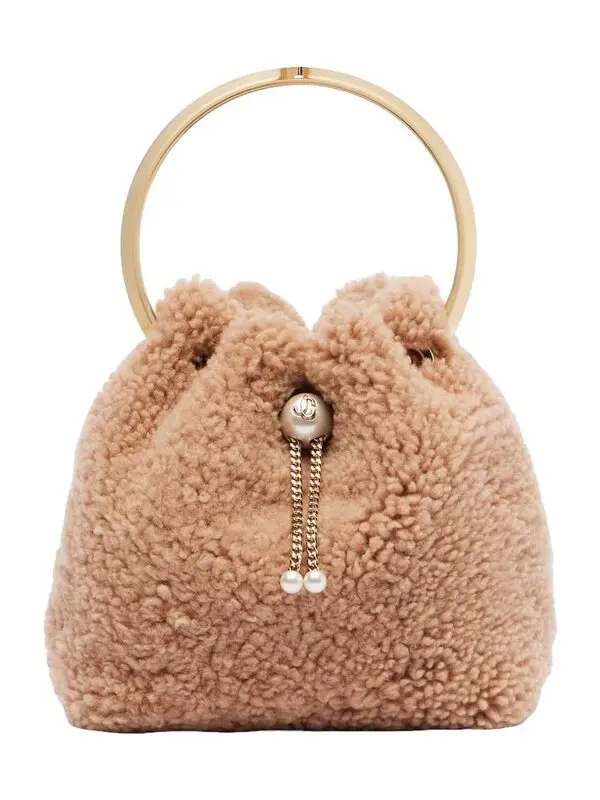 JIMMY CHOO Bon Bon Small Shearling Bucket Bag - Brown