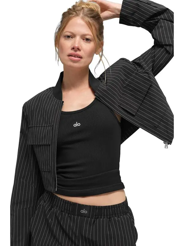 Alo Yoga Cropped Pinstripe Full-zip Jacket - Black/titanium