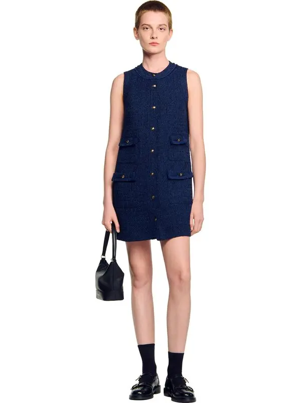 Sandro Sleeveless Mini Tweed Dress With Button Detail - Navy Blue