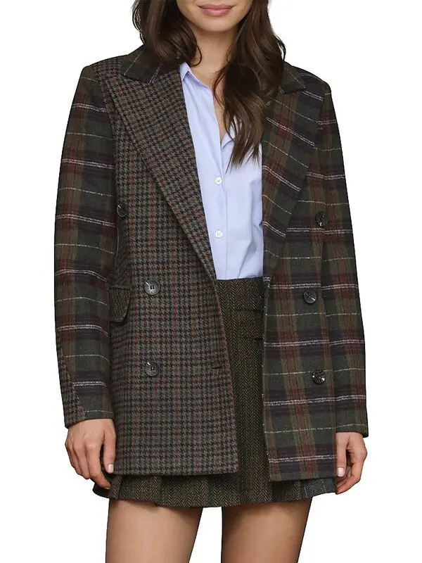 Avec Les Filles Pattern Block Plaid Blazer - Olive Burgundy Plaid