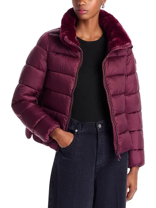 SAVE THE DUCK Mei Faux Fur Trim Quilted Jacket - Wine Red