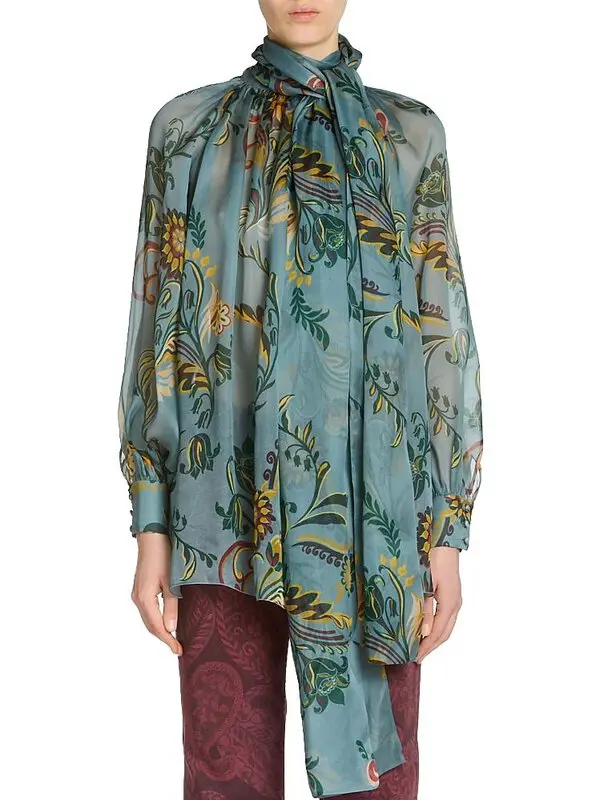Etro Silk Printed Scarf Neck Blouse - Light Blue Print