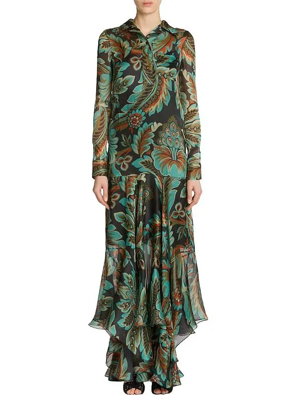 Etro Silk Printed Maxi Shirt Dress - Print On Black Base