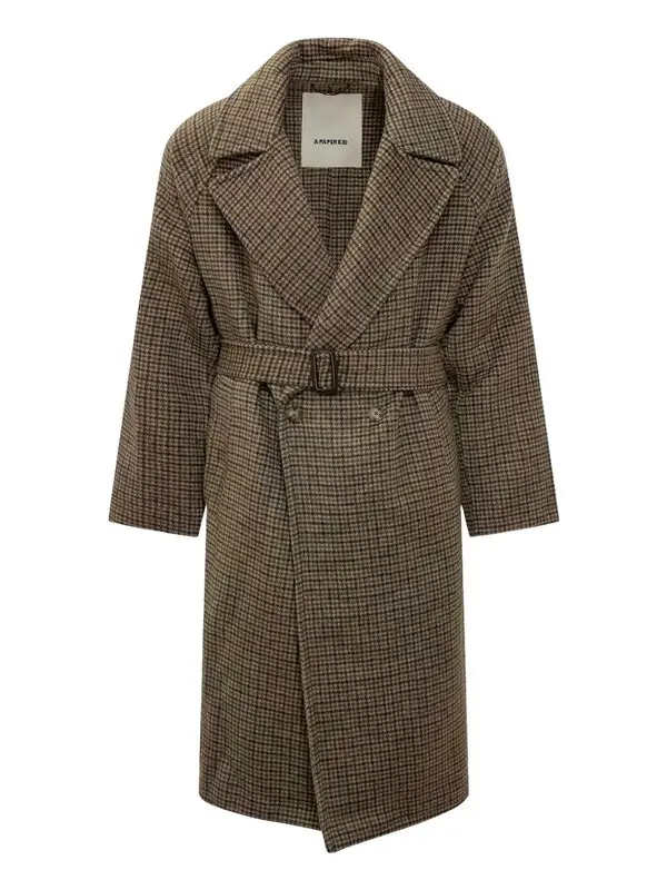A PAPER KID Belted Houndstooth Double-breasted Coat - Brown