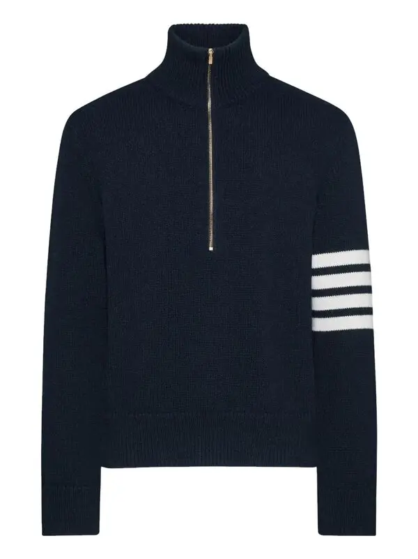 Thom Browne Jersey Stitch Funnel Neck Half Zip Pullover - Blue
