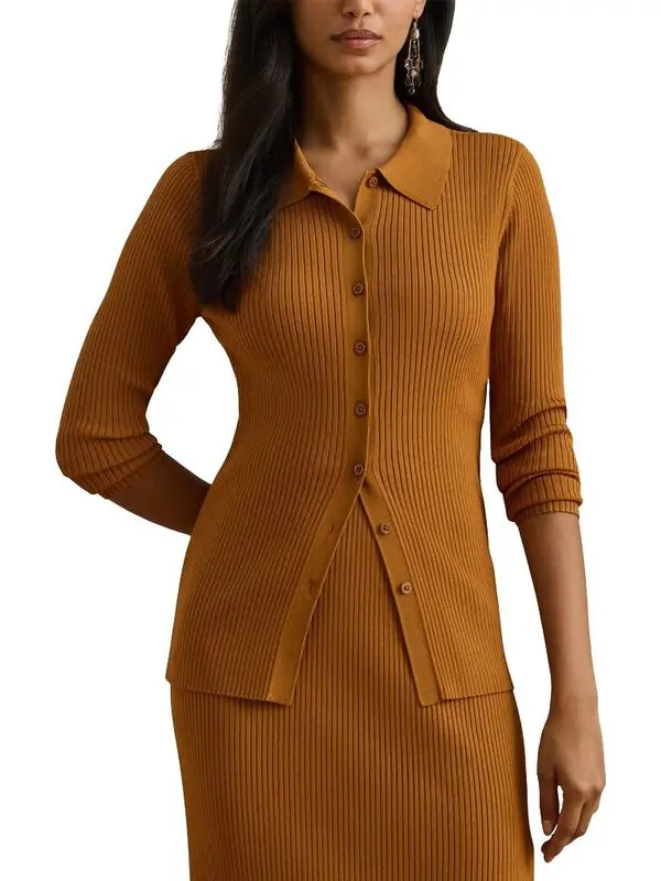Ralph Lauren Ribbed Collared Cardigan - Cinnamon Bark