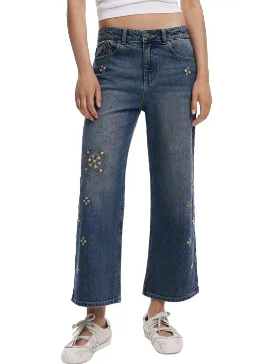Desigual Wide Leg Embroidered Jeans - Blue
