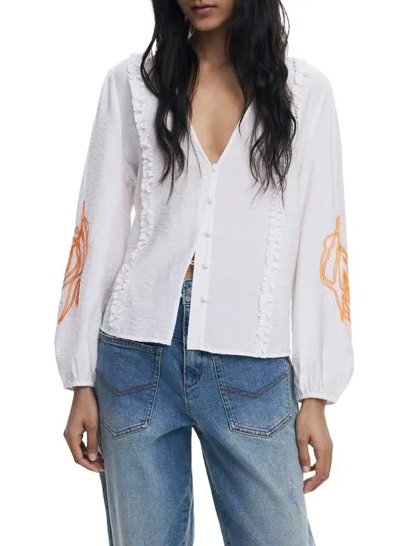 Desigual Embroidered Hammered Satin Top - White