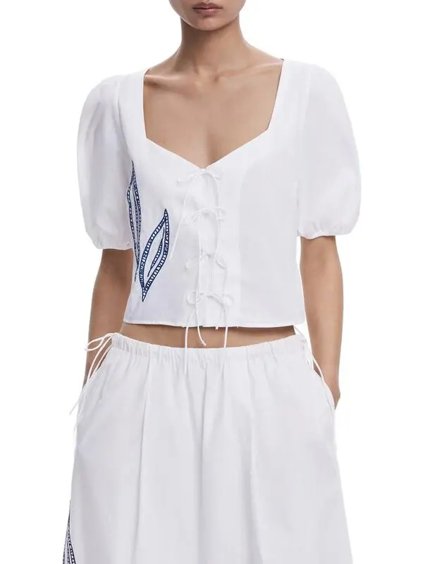 Desigual Embroidered Tie-front Cotton Top - White