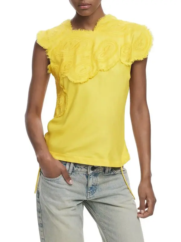 Desigual Raw Edge Embroidered Top - Yellow