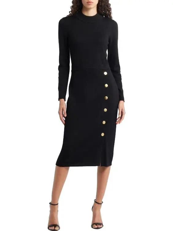 Julia Jordan Button Detailed Mock Neck Midi Sweater Dress - Black