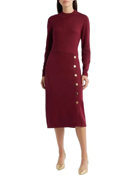 Julia Jordan Button Detailed Mock Neck Midi Sweater Dress - Wine