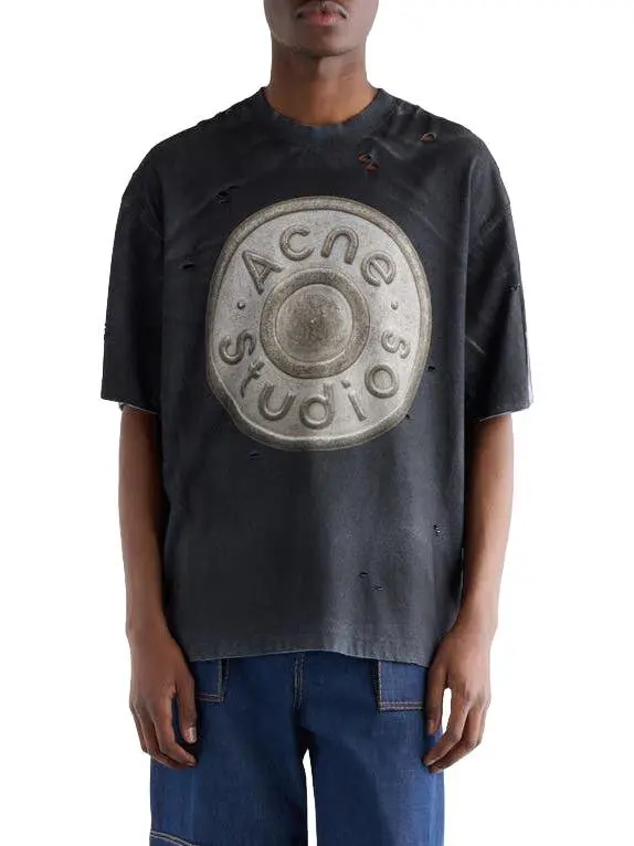 Acne Studios Exford U Distressed Coated Button Logo Graphic T-shirt - Black