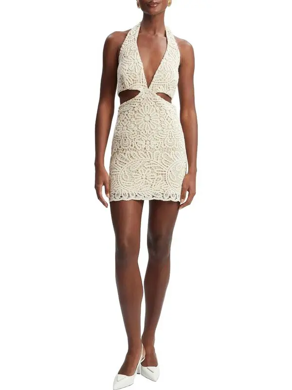 Bardot Arias Open Stitch Halter Minidress - Light Beige