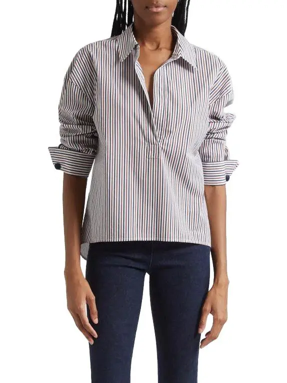 Veronica Beard Draymond Stripe Stretch Cotton Blend Shirt - Navy Brandy Multi