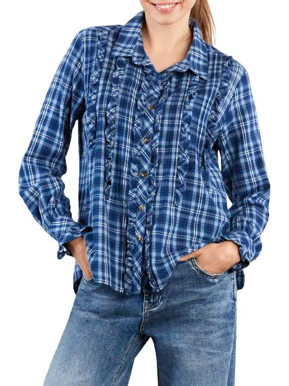 BILLY T Plaid Ruffle Cotton Button-up Shirt - Blue Denim Plaid